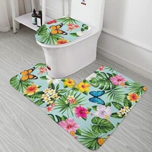 Tropical Flowers Leaves Bathroom Rugs Sets 3 Piece Summer Butterfly Bath Mats Non Slip Washable Bath Rugs Absorbent Quick Dry U-Shaped Contour Toilet Mat with Toilet Lid Cover for Shower Tub Coral Vel