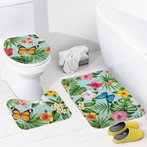 Tropical Flowers Leaves Bathroom Rugs Sets 3 Piece Summer Butterfly Bath Mats Non Slip Washable Bath Rugs Absorbent Quick Dry U-Shaped Contour Toilet Mat with Toilet Lid Cover for Shower Tub Coral Vel