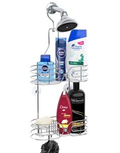 skatco hanging shower caddy - 2-tier rust-resistant stainless steel shelves chrome rack over shower head organizer bathroom basket storage holds shampoo, conditioner, soap, bath sponge, razors