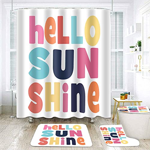 SDDSER Hello Sunshine Shower Curtain Set, 4PCS Bathroom Sets with Shower Curtain and Bath Mat, Toilet Lid Cover and U Shaped Rugs, 71"x72" Polyester Fabric Bathtub Curtain with Hooks, SETLSSD43