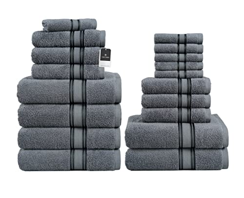 LANE LINEN Bath Towels for Bathroom Set- 100% Cotton Towel Set Soft 6 Hand Wash Cloths Quick Dry Highly Absorbent Shower - 18 Piece Space Grey