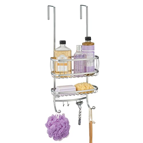 mDesign Metal Wire Over Door Bathroom Tub & Shower Bath Caddy, Hanging Storage Organizer Center - Holds Shampoo, Conditioner, Body Wash, Razor, Towel - 2 Baskets, 6 Hooks - Hyde Collection - Silver