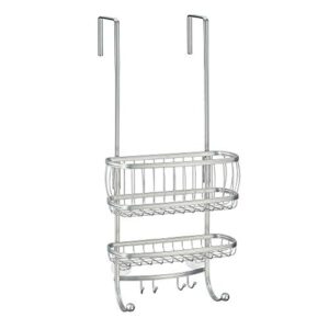 mDesign Metal Wire Over Door Bathroom Tub & Shower Bath Caddy, Hanging Storage Organizer Center - Holds Shampoo, Conditioner, Body Wash, Razor, Towel - 2 Baskets, 6 Hooks - Hyde Collection - Silver