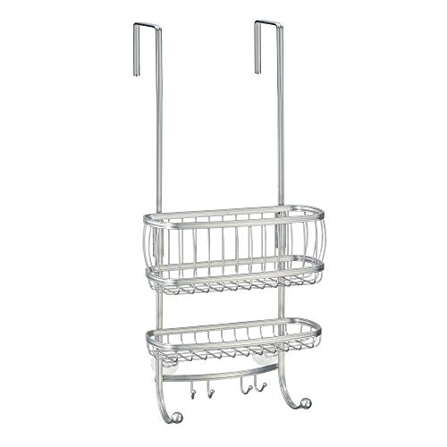 mDesign Metal Wire Over Door Bathroom Tub & Shower Bath Caddy, Hanging Storage Organizer Center - Holds Shampoo, Conditioner, Body Wash, Razor, Towel - 2 Baskets, 6 Hooks - Hyde Collection - Silver