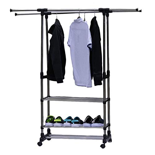 Double Clothing Garment Rack,Clothing Racks with 3 Tiers Stainless Steel Clothing Garment Shoe Rack on Wheels Rolling Clothes Rack for Hanging Clothes Heavy Duty Portable Collapsible