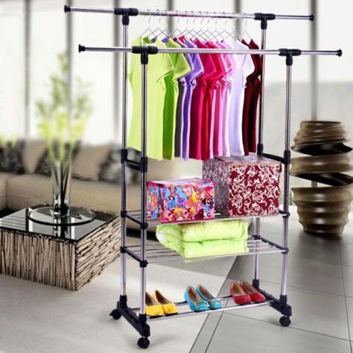 Double Clothing Garment Rack,Clothing Racks with 3 Tiers Stainless Steel Clothing Garment Shoe Rack on Wheels Rolling Clothes Rack for Hanging Clothes Heavy Duty Portable Collapsible