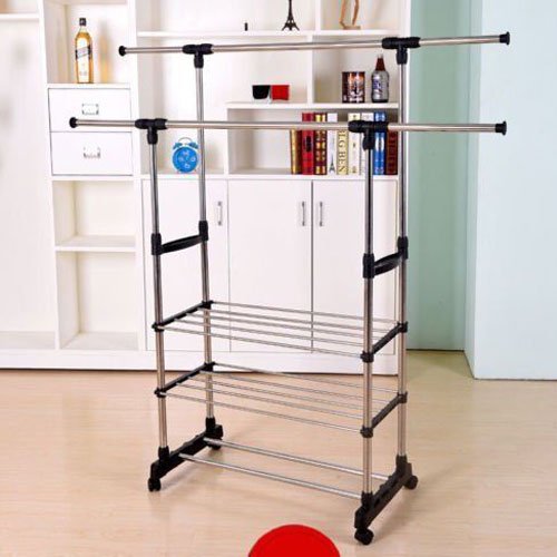 Double Clothing Garment Rack,Clothing Racks with 3 Tiers Stainless Steel Clothing Garment Shoe Rack on Wheels Rolling Clothes Rack for Hanging Clothes Heavy Duty Portable Collapsible