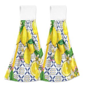 boenle lemon kitchen hand towels set of 2 yellow mediterranean tile hanging tea towel bathroom soft absorbent coral fleece dish wash cloth decorative