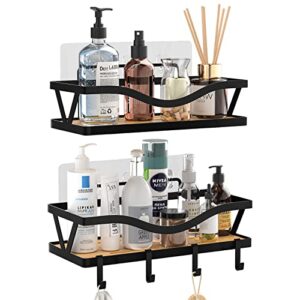 shower caddy organizer, natural bamboo shower shelves with 4 hooks, no drilling rustproof stainless steel shower organizer for inside shower & kitchen organization and storage, matte black, set of 2