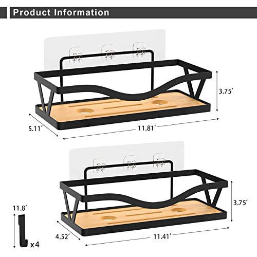 Shower Caddy Organizer, Natural Bamboo Shower Shelves with 4 Hooks, No Drilling Rustproof Stainless Steel Shower Organizer for Inside Shower & kitchen organization and storage, Matte Black, Set of 2