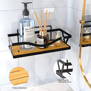 Shower Caddy Organizer, Natural Bamboo Shower Shelves with 4 Hooks, No Drilling Rustproof Stainless Steel Shower Organizer for Inside Shower & kitchen organization and storage, Matte Black, Set of 2