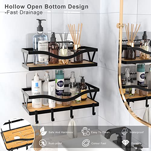 Shower Caddy Organizer, Natural Bamboo Shower Shelves with 4 Hooks, No Drilling Rustproof Stainless Steel Shower Organizer for Inside Shower & kitchen organization and storage, Matte Black, Set of 2