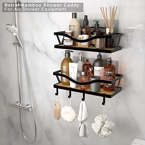 Shower Caddy Organizer, Natural Bamboo Shower Shelves with 4 Hooks, No Drilling Rustproof Stainless Steel Shower Organizer for Inside Shower & kitchen organization and storage, Matte Black, Set of 2