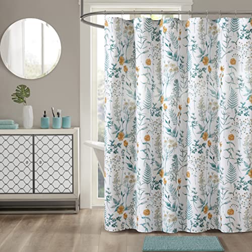 Pure Bath Floral 17 Piece Shower Curtain Set with Noodle Bath Rug and Toothbrush Holder