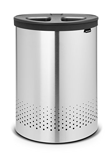 Brabantia Large Laundry Hamper (Matt Steel) Bathroom Bedroom Dirty Clothes Basket with 2 Sections, Inner Laundry Bags, Discrete Lid - 14.5 Gal