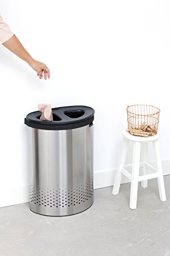 Brabantia Large Laundry Hamper (Matt Steel) Bathroom Bedroom Dirty Clothes Basket with 2 Sections, Inner Laundry Bags, Discrete Lid - 14.5 Gal