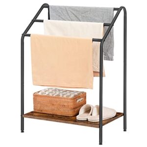 HOOBRO Freestanding Towel-Rack, 3 Tier Blanket Rack for Living Room, 23.6" L x 14.2" W x 33.9" H, Quilt Blanket Ladder Holder, Drying and Display Rack, Bathroom, Rustic Brown and Black BF63LB01