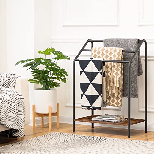 HOOBRO Freestanding Towel-Rack, 3 Tier Blanket Rack for Living Room, 23.6" L x 14.2" W x 33.9" H, Quilt Blanket Ladder Holder, Drying and Display Rack, Bathroom, Rustic Brown and Black BF63LB01