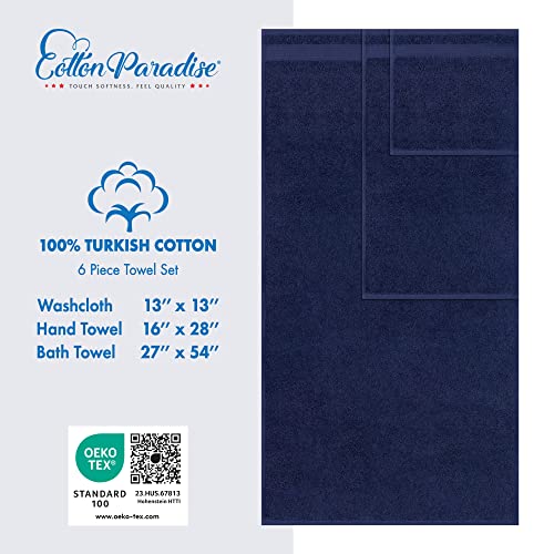 Cotton Paradise 6 Piece Towel Set, 100% Turkish Cotton Soft Absorbent Towels for Bathroom, 2 Bath Towels 2 Hand Towels 2 Washcloths, Navy Blue Towel Set