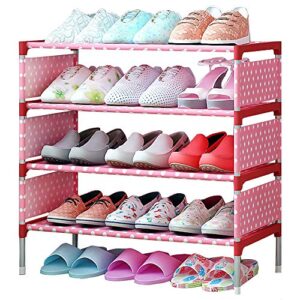 tzamli 4-tier free standing shoe rack 12 pairs non-woven fabric of shoes organizer in closet entryway hallway,anti-rust, metal frame and fabric shelves,22.8 x 10.6 x 25.2'' (pink dots)