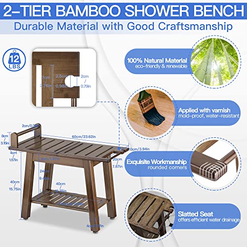 ETECHMART 2-Tier Bamboo Shower Bench, 24 Inch Spa Stool with Storage Shelf for Inside Shower Legs Shaving+Bamboo Shower Bench with Back and Soap Dish