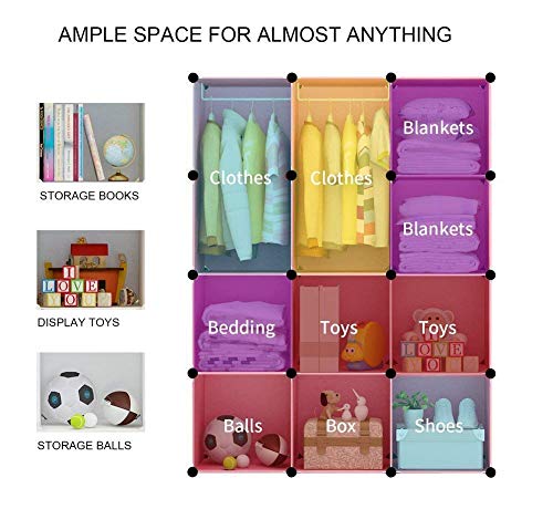 BRIAN & DANY Portable Cartoon Clothes Closet DIY Modular Storage Organizer, Sturdy and Safe Wardrobe for Children and Kids, 8 Cubes&2 Hanging Sections, 30% Deeper Than Standard Version, Blue