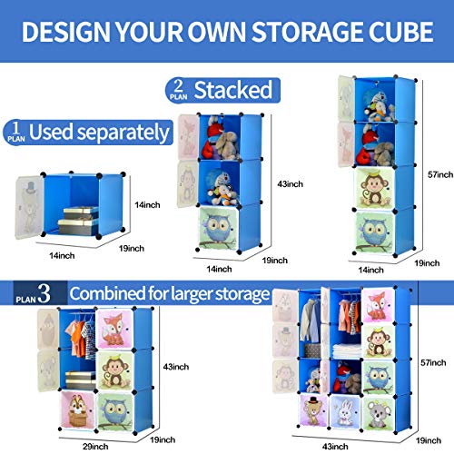 BRIAN & DANY Portable Cartoon Clothes Closet DIY Modular Storage Organizer, Sturdy and Safe Wardrobe for Children and Kids, 8 Cubes&2 Hanging Sections, 30% Deeper Than Standard Version, Blue