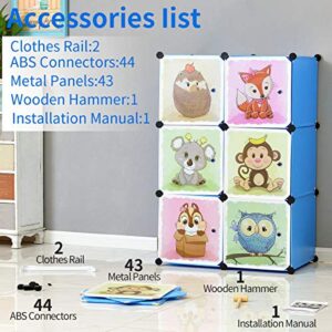 BRIAN & DANY Portable Cartoon Clothes Closet DIY Modular Storage Organizer, Sturdy and Safe Wardrobe for Children and Kids, 8 Cubes&2 Hanging Sections, 30% Deeper Than Standard Version, Blue