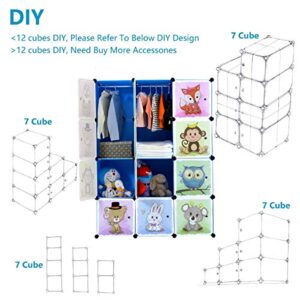 BRIAN & DANY Portable Cartoon Clothes Closet DIY Modular Storage Organizer, Sturdy and Safe Wardrobe for Children and Kids, 8 Cubes&2 Hanging Sections, 30% Deeper Than Standard Version, Blue