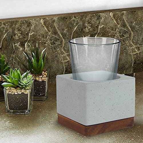 nu steel Concrete, Made of Cement Bath Accessory Set Vanity Countertop, 7pc Luxury Ensemble-Cotton Swab, Dish, Toothbrush Holder, soap Pump, Waste Basket, Tissue Box, Tray, Grey Stone/Brown