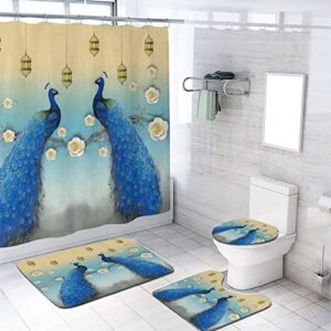 zmcongz peacock shower curtain set with rugs for bathroom decor retro style blue feather birds lanterns flower bathroom decor bath curtain with rugs toilet lid cover bath mat, 72x72 inch