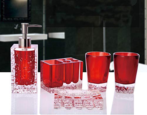 AMSS 5 Piece Stunning Bathroom Accessories Set in Crystal Like Acrylic Tumbler Dispenser Soap Dish Cups,Red