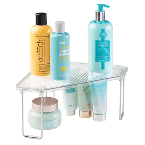 mDesign Plastic/Steel Corner Stackable Rack, Storage Organizer Shelf for Bathroom, Vanity, Countertop, Sink, Cabinet, Holds Makeup, Shower Accessories, Ligne Collection - Clear