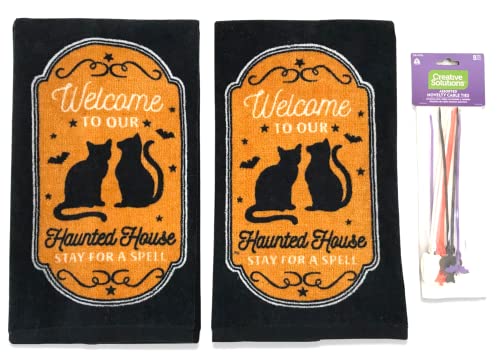 Halloween Hand Towels: Happy Meow-o-leen at The Black Cat's Black Cats Inn, Soft Absorbent Cotton (Cat's Meow)