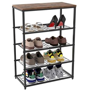 c&ahome 5 tier metal shoe rack, 5 tiers shoe rack, storage rack with 4 metal mesh shelves and top board, narrow shoe organizer for closet entryway, free standing shoe rack, rustic brown usrmw05rb