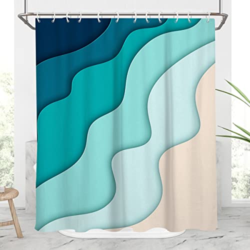 AAtter Turquoise Shower Curtain Beach Teal Beige Geometric Art Cream Aqua Blue Abstract Simple Ombre Navy Striped Gradient Boho Modern Watercolor Cute Home Bathroom Decor Bathtub Set, 60Wx72L, Funny