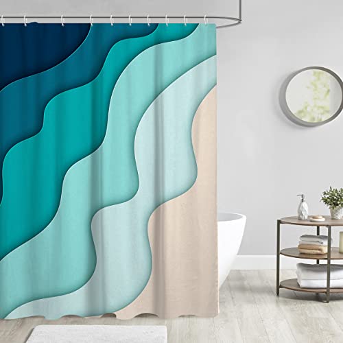 AAtter Turquoise Shower Curtain Beach Teal Beige Geometric Art Cream Aqua Blue Abstract Simple Ombre Navy Striped Gradient Boho Modern Watercolor Cute Home Bathroom Decor Bathtub Set, 60Wx72L, Funny