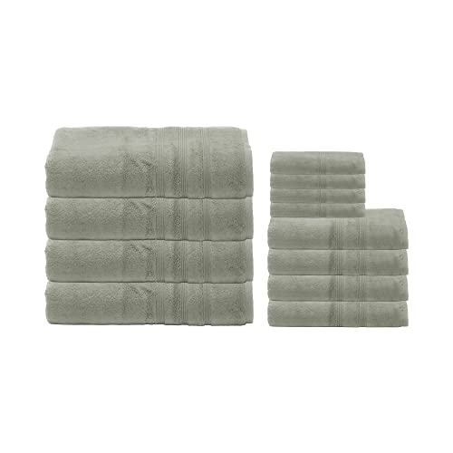 Mosobam 700 GSM Luxury Bamboo Viscose 12pc Large Oversized Bathroom Set, Seagrass Green, 4 Bath Towels 30X58 4 Hand Towels 16X30 4 Face Washcloths (Wash Cloth) 13X13, Turkish Towel Sets, Quick Dry