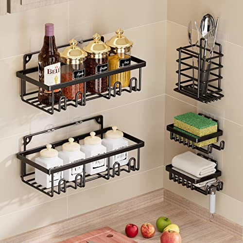 Bomtss Shower Caddy, Self Adhesive Shower Shelves, 5-Pack Bathroom Shower Organizer, Shower Rack Storage, Wall Mounted Shower Shelf for Inside Shower Accessories, First Apartment Essentials, Black