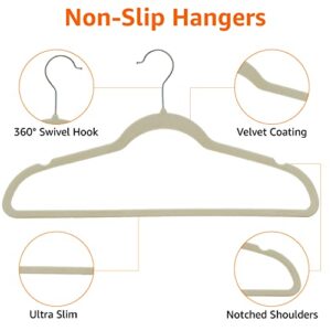 Amazon Basics Kids Velvet, Non-Slip Clothes Hangers, Beige - Pack of 30 & Slim, Velvet, Non-Slip Suit Clothes Hangers, Ivory/Silver - Pack of 30