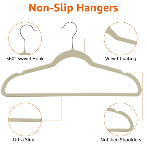 Amazon Basics Kids Velvet, Non-Slip Clothes Hangers, Beige - Pack of 30 & Slim, Velvet, Non-Slip Suit Clothes Hangers, Ivory/Silver - Pack of 30