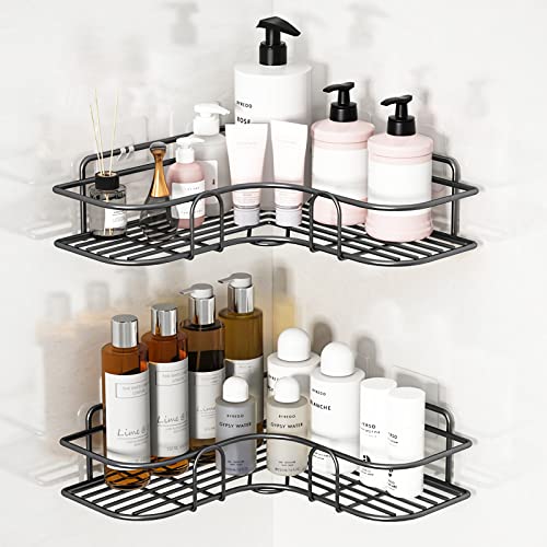 LAIGOO Adhesive Shower Caddy Corner Shelf, Hanging Bathroom Shelves Wall Mounted Shower Shelf, Non-Drilling Floating Shelf for Bathroom Organizer/Kitchen/Shower Organizer (2 Pack, Black)