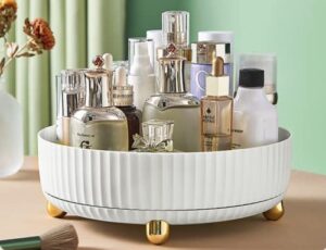 hisikou white 360 rotating makeup organizer - large capacity spinning skincare perfumes organizer - cosmetics organizer for vanity countertop and bathroom dresser - lazy susan bathroom storage box