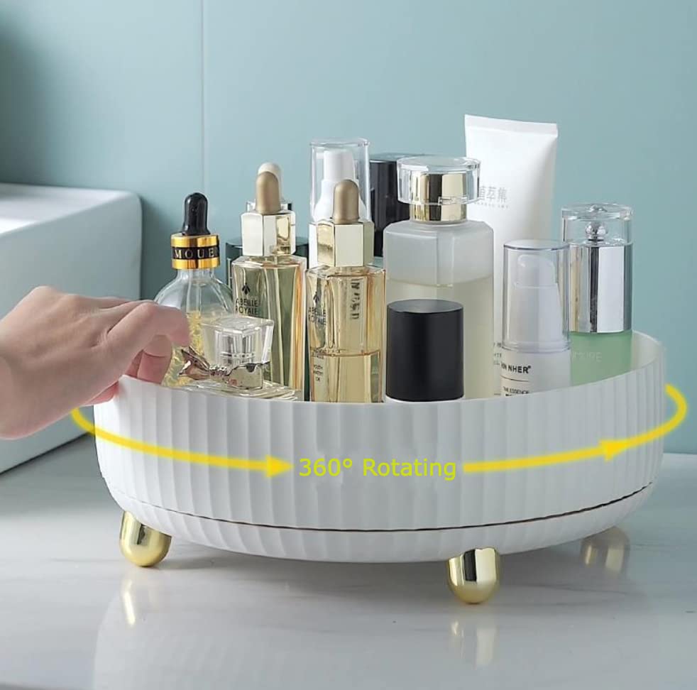 Hisikou White 360 Rotating Makeup Organizer - Large Capacity Spinning Skincare Perfumes Organizer - Cosmetics Organizer for Vanity Countertop and Bathroom Dresser - Lazy Susan Bathroom Storage Box