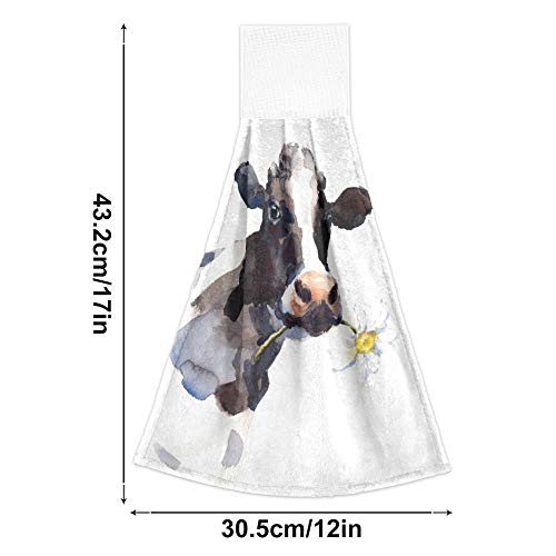 Vnurnrn Vintage Cow Daisy Flower Farm Animal Hanging Tie Towels Absorbent Hand Towel with Hook & Loop for Kitchen Bathroom 2 Pieces