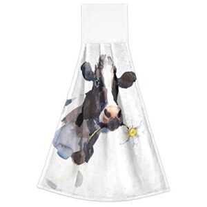 Vnurnrn Vintage Cow Daisy Flower Farm Animal Hanging Tie Towels Absorbent Hand Towel with Hook & Loop for Kitchen Bathroom 2 Pieces