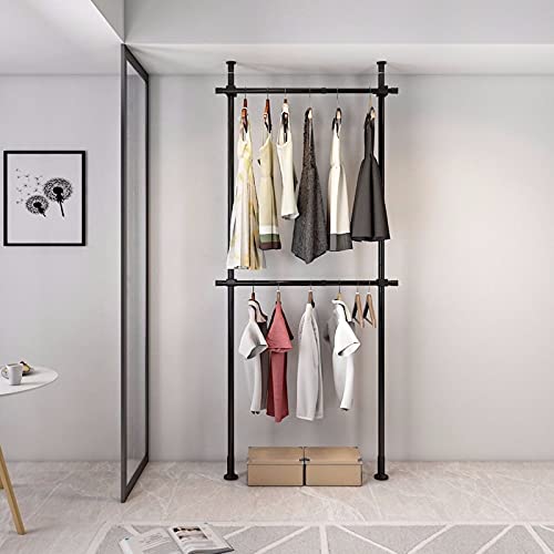 Heavy Duty Clothing Rack, 2 Pole Adjustable Garment Rack, Double Hanging Rod Metal Garment Holder Strength Clothes Rack for Hanging Clothes, Stainless Steel Extendable Garment Hanging Rack(Black)