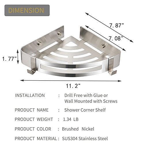 BESy Adhesive Bathroom Shower Corner Shelf Shower Corner Caddy with 2 Hooks, Drill Free with Glue or Wall Mount with Screws,No Damage Stainless Steel 1 Tier Shower Wall Shelves Triangle,Brushed Nickel