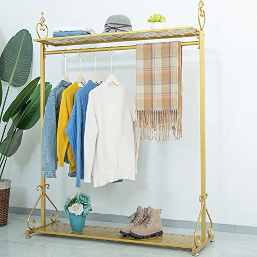 VANDNALI Metal Clothing Rack Retail Garment Rack Gold Cloth Rack Boutique Clothes Hanger with Storage Shelf Home Closet Organizer 62''