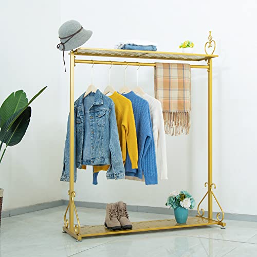 VANDNALI Metal Clothing Rack Retail Garment Rack Gold Cloth Rack Boutique Clothes Hanger with Storage Shelf Home Closet Organizer 62''